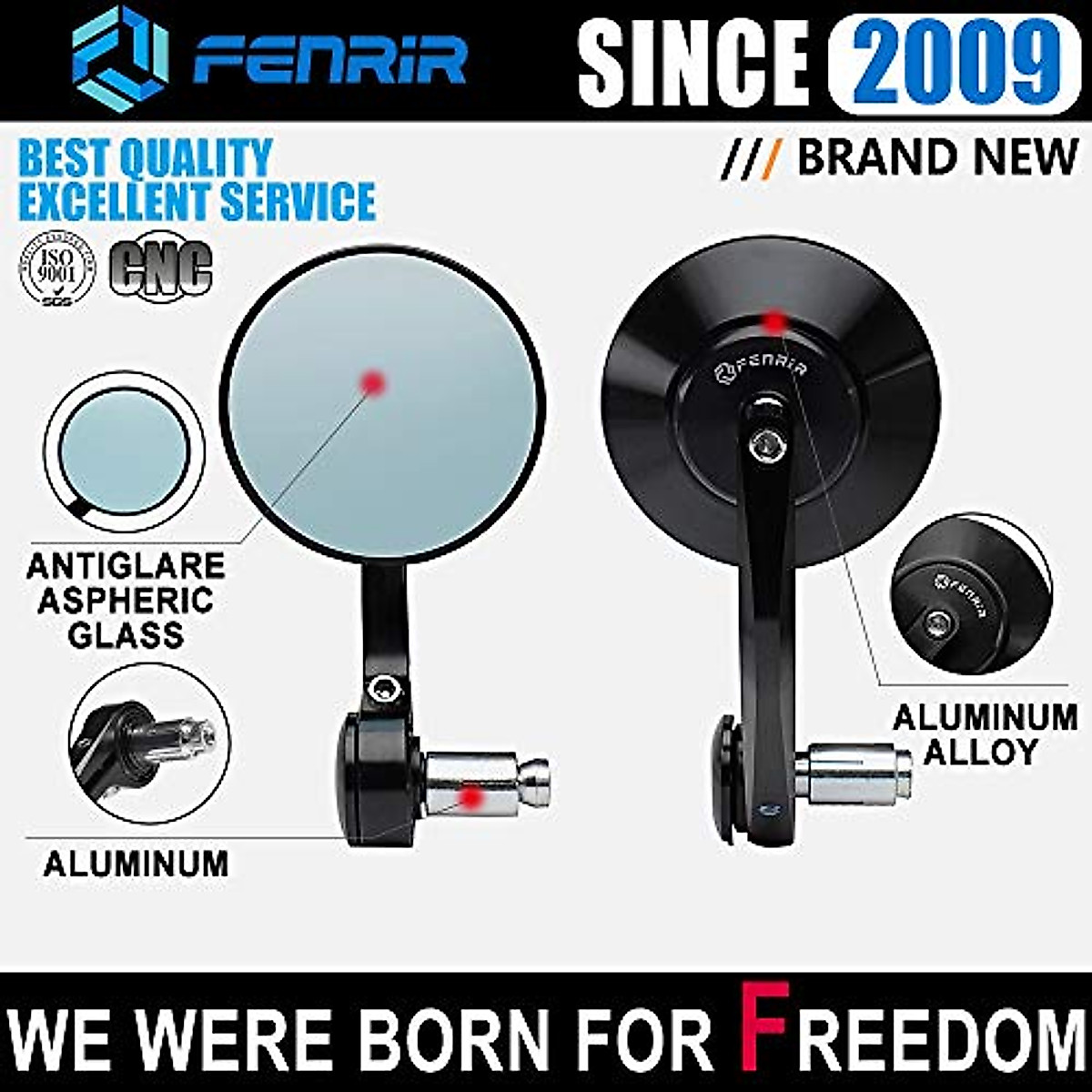 FENRIR CNC Aluminum Alloy Round Cafe Racer Retro Black Motorcycle Bar End Mirrors Side 22MM 7/8" Inch Handlebar Mirror Universal Rear View For M8/M6 Sport Naked Street Bike Cruiser Minimoto Scooter