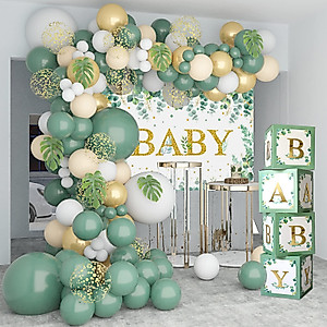 DataMoon 125PCS Sage Green Baby Shower Decorations - Retro Green and Gold Balloons Different Sizes, Green Baby Backdrop and Sage Green Baby Boxes for Gender Reveal, Birthday, Woodland Jungle Party