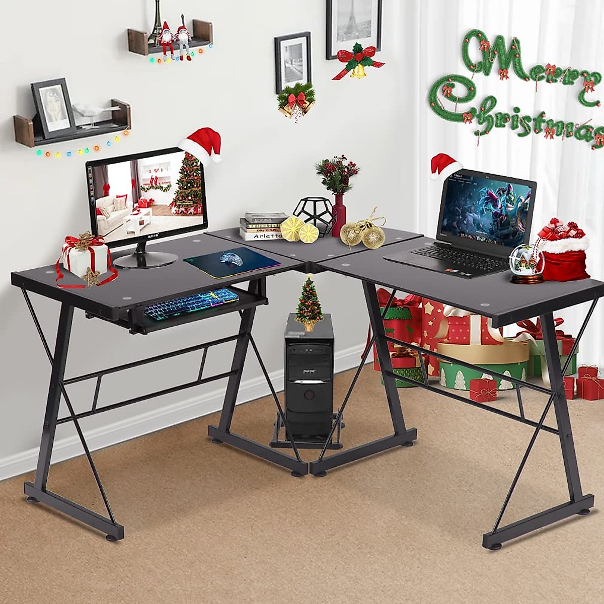 L Shaped Computer Desk Office Desk Gaming Writing Corner Desk Study PC Laptop Table Workstation with Keyboard Tray and CPU Stand Shelf for Home Office Large 3-Piece Modern Glass Computer Desk, Black