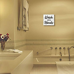 Stupell Industries Wash Your Hands Bathroom Neutral Grey Word, Design by Artist Daphne Polselli Wall Art, 12 x 12, Wood Plaque