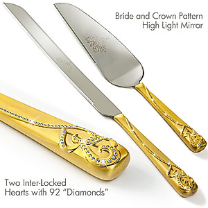 Sparking Love Hearts Cake Cutter and Pie Server Set, Stainless Steel Wedding Cake Knife and Server Set for Birthday, Anniversary, Engagement Or Christmas Gifts (Fashion gold)