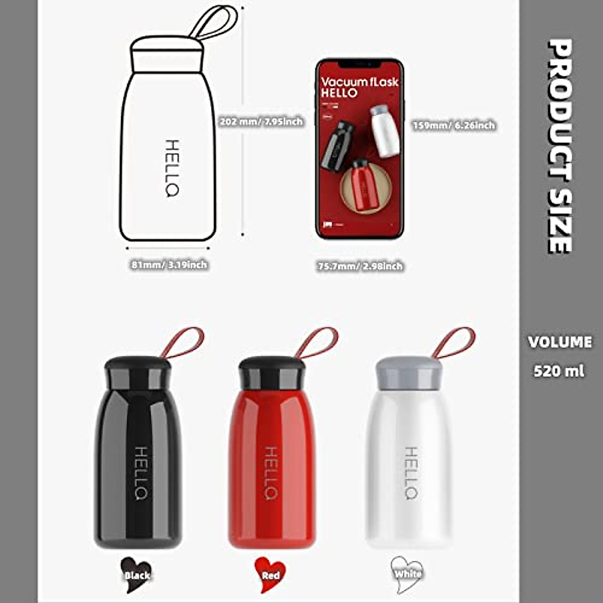 Insulated Water Bottle 520ml Stainless Steel Double Wall Vacuum Mug Thermos with Silicone Handle Sealed Insulated Sports Flask Leakproof Beverage Coffee Bottle for Biking Camping Office Car, Red