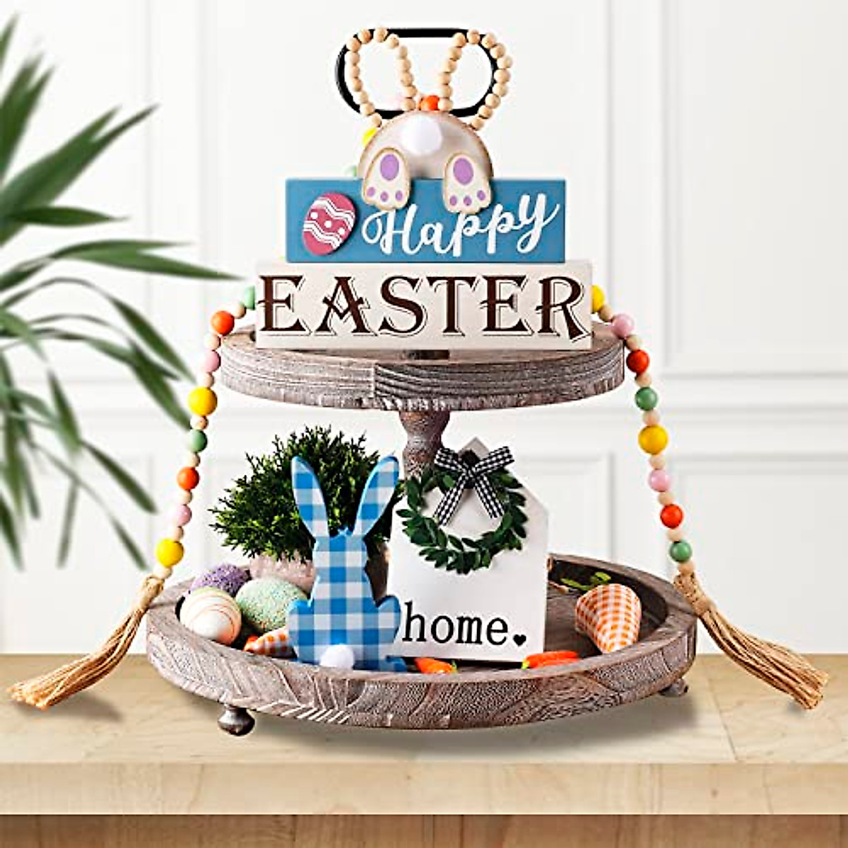 OYATON Easter Decorations for the Home - Rustic Spring Happy Easter Bunny Wood Sign Block with Egg and Wooden Beads Decor for Table, Mantle, Tiered Tray - Indoor Mini Easter Decor
