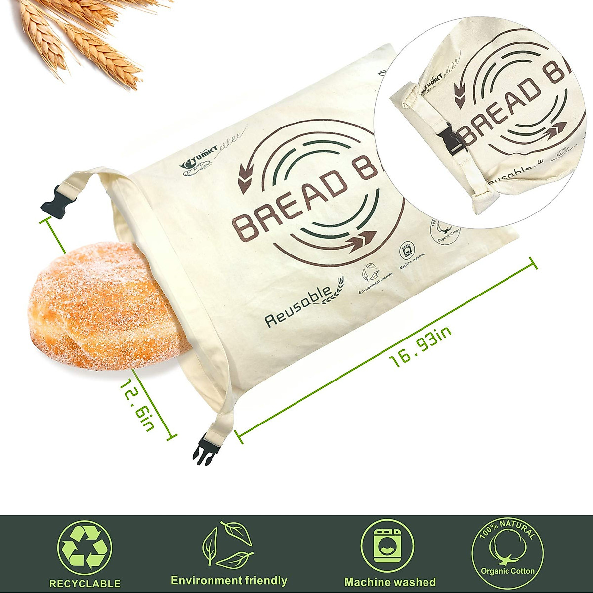 Tribe Glare Bread Bags for Homemade Bread, Organic Cotton Reusable Bread Bag with Fresh-keeping Linen, Baggette Boule Bag for Bakery Supplies and Food Storage, Khaki