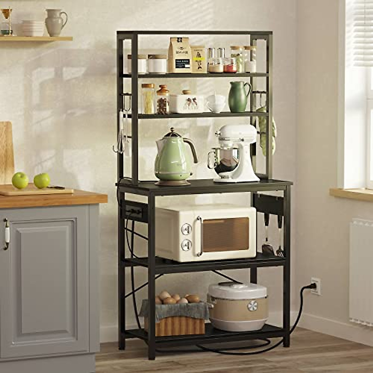 Rolanstar Baker's Rack with 4AC Power Outlet, 65.7inch Microwave Oven Stand with 10 Hooks, Stable Coffee Bar Table, 6-Tier Kitchen Storage Shelf Rack, Kitchen Utility Rack with Hutch, Black