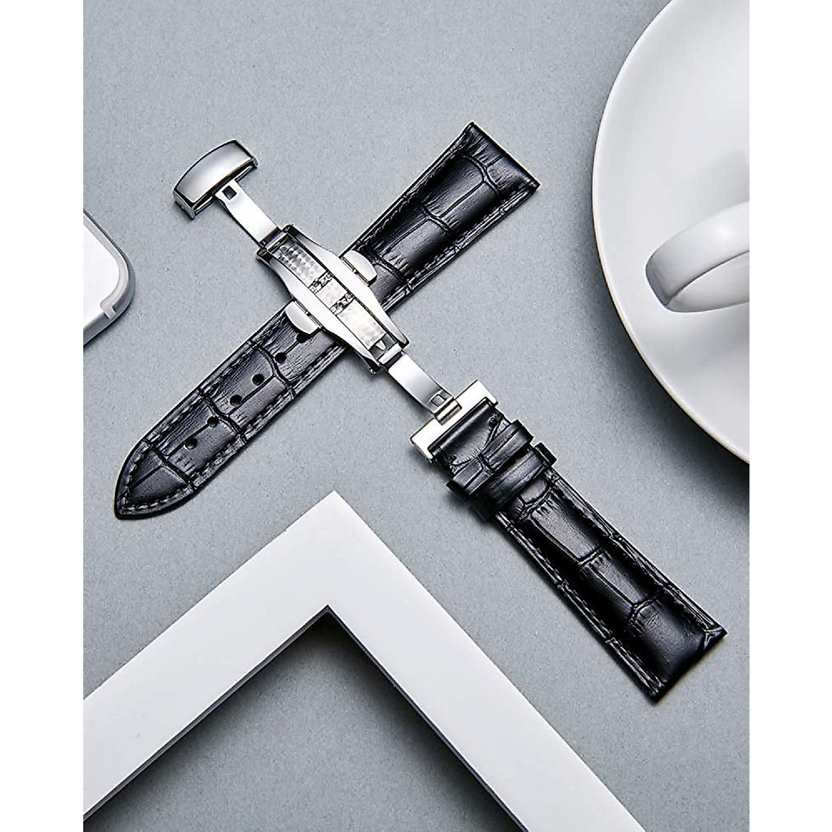 Moran Genuine Leather Replacement Watch Band Deployment Buckle 18mm 19mm 20mm 21mm 22mm 23mm 24mm Calfskin Watch Strap for Men's and Women's