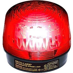 Seco-Larm SL-126-A24Q/R Strobe Light, Red; 6-24VDC; Easy 2-Wire Installation; Operating Lifespan of Over 300 Continuous Hours; Protective Inner Cover Included; 18AWG UL Listed Leads, 12" Long