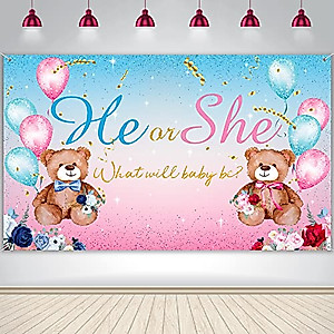 Bear Gender Reveal Party Decoration He or She Gender Reveal Backdrop Banner What Will Baby Be Background Blue Pink Bear Banner for Baby Shower Wall Decorations, 5.9 x 3.6 ft