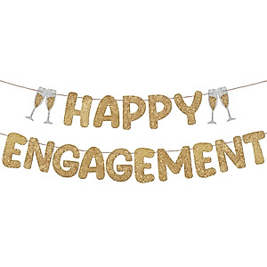 Breling Pre Strung Happy Engagement Banner Glitter Happy Engagement Party Decorations Engaged Banner Engagement Decorations Signs Party Decor Wedding Engagement Banners(Champagne Gold)