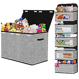 JAYSDAYLY Over the Door Hanging Organizer Storage with 5 Large Pockets 1 Pcak + 1 Pack Collapsible Large Toy Box Storage with Lid for Closet,Nursery,Playroom,Pantry