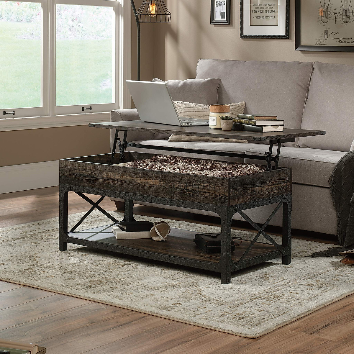 Sauder Steel River Rustic Industrial Style Lift Top Coffee Table, Coated Metal and Carbon Oak