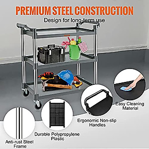 VEVOR Utility Service Cart, 3 Shelf Heavy Duty 220LBS Food Service Cart, Rolling Utility Cart with Lockable Wheels, 40" x 19.3" x 38.6" Plastic Utility Cart for Kitchen Office Restaurant Home, Grey