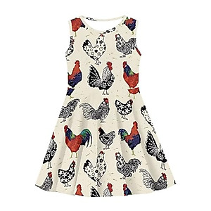 ZPINXIGN Toddler Girls Skater Dress Size 5-6, Farm Chicken Clothes Kids Twirly Swing Sundress Cute Outfits Sleeveless Summer Dresses