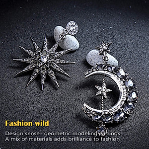 Moon and Sun Earring,Sterling Silver with Rhinestone Punk Earring Asymmetric Ear Line Long Earrings for Women Teen Jewelry Golden Boho Vintage Statement Earrings