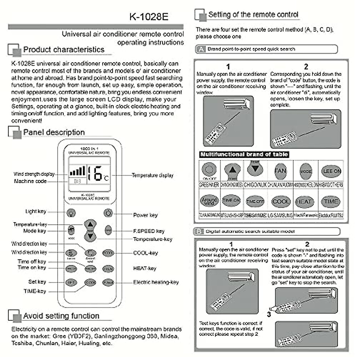 Universal A/C Air Conditioner Remote Control for Samsung Panasonic LG Fujitsu Sharp Gree Guangda Guqiao Haier Helton Hemilton Hicon Hisense Hitachi