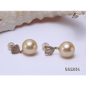 JYX Pearl Classic 14K Gold Earrings AAA Quality Genuine 11mm Round Golden South Sea Cultured Pearl Drop Earrings for Women