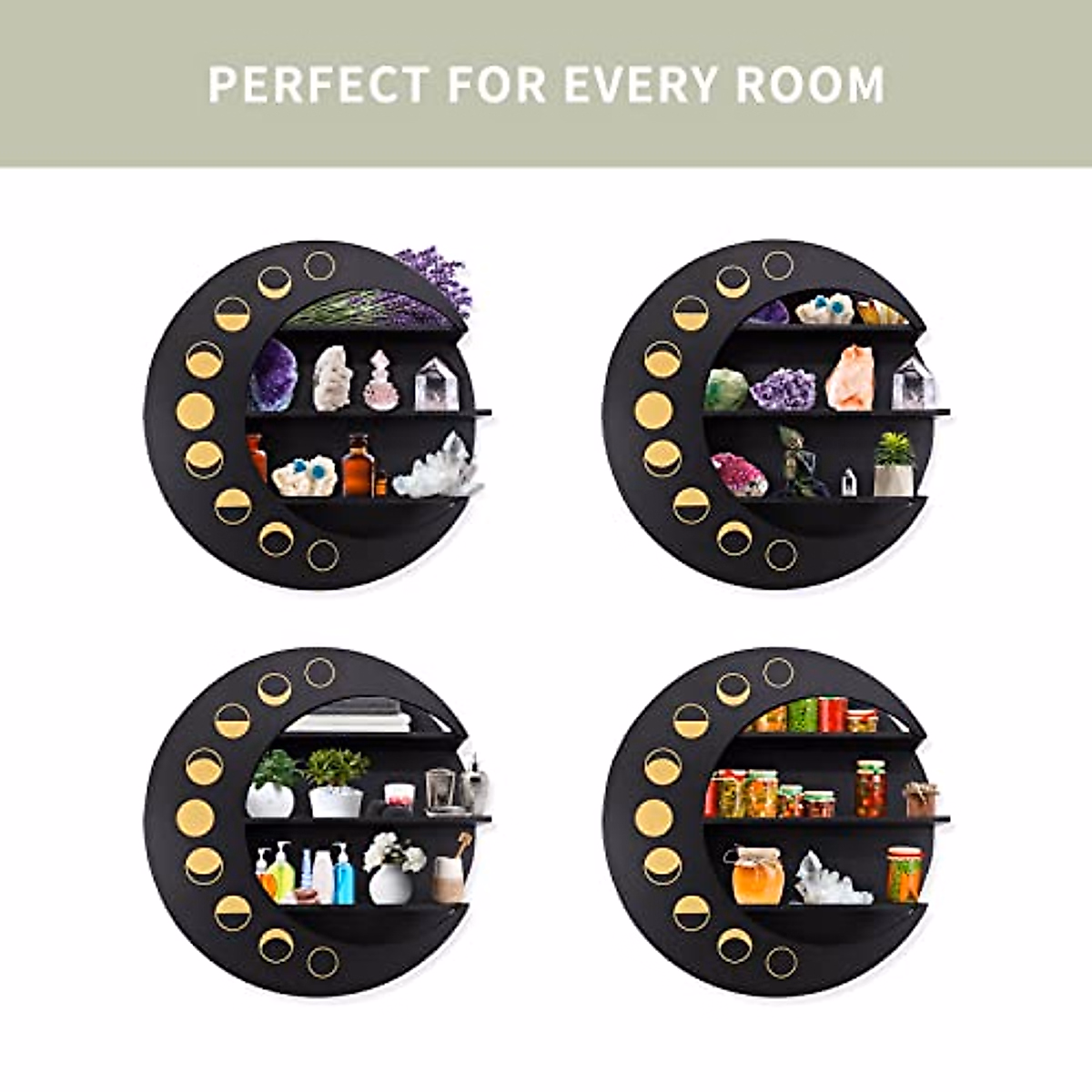 Myuilor Crescent Moon Shelf, Wooden Moon Shelf for Crystals, Stones & Essential Oils, Crystal Shelf Display Pine Floating Circle Shelf, Crystal Moon Shelves(Black)