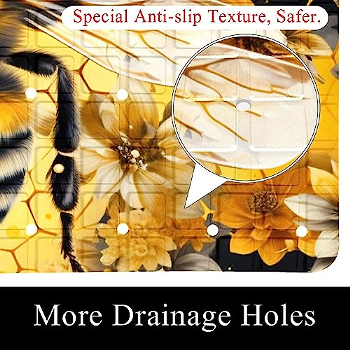Bath Tub Shower Mat - Anti-Slip PVC Material 15.1x26.8 in, Gentle Cushioning Quick Drying Suction Cups Reliable Solution - Flowers and Lovely Bees Design Non-Slip Floor Mat