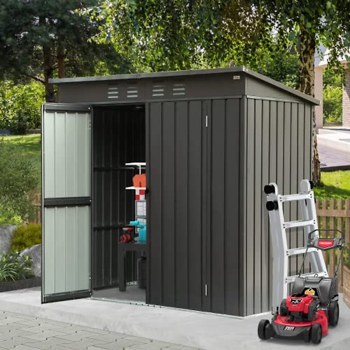 Domi Backyard Storage Shed 5.45' x 3.69' with Sloping Roof Galvanized Steel Frame Outdoor Garden Shed Metal Utility Tool Storage Room with Latches and Lockable Door for Balcony (Dark Gray)
