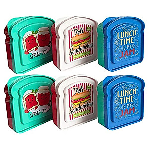 Pack of 6 Food Storage Sandwich Containers, 2 cups / 16 oz / 490 ml - 3 Different Designs. Great for Meal Prep. Kids or Adult Lunch Box - BPA Free and Reusable
