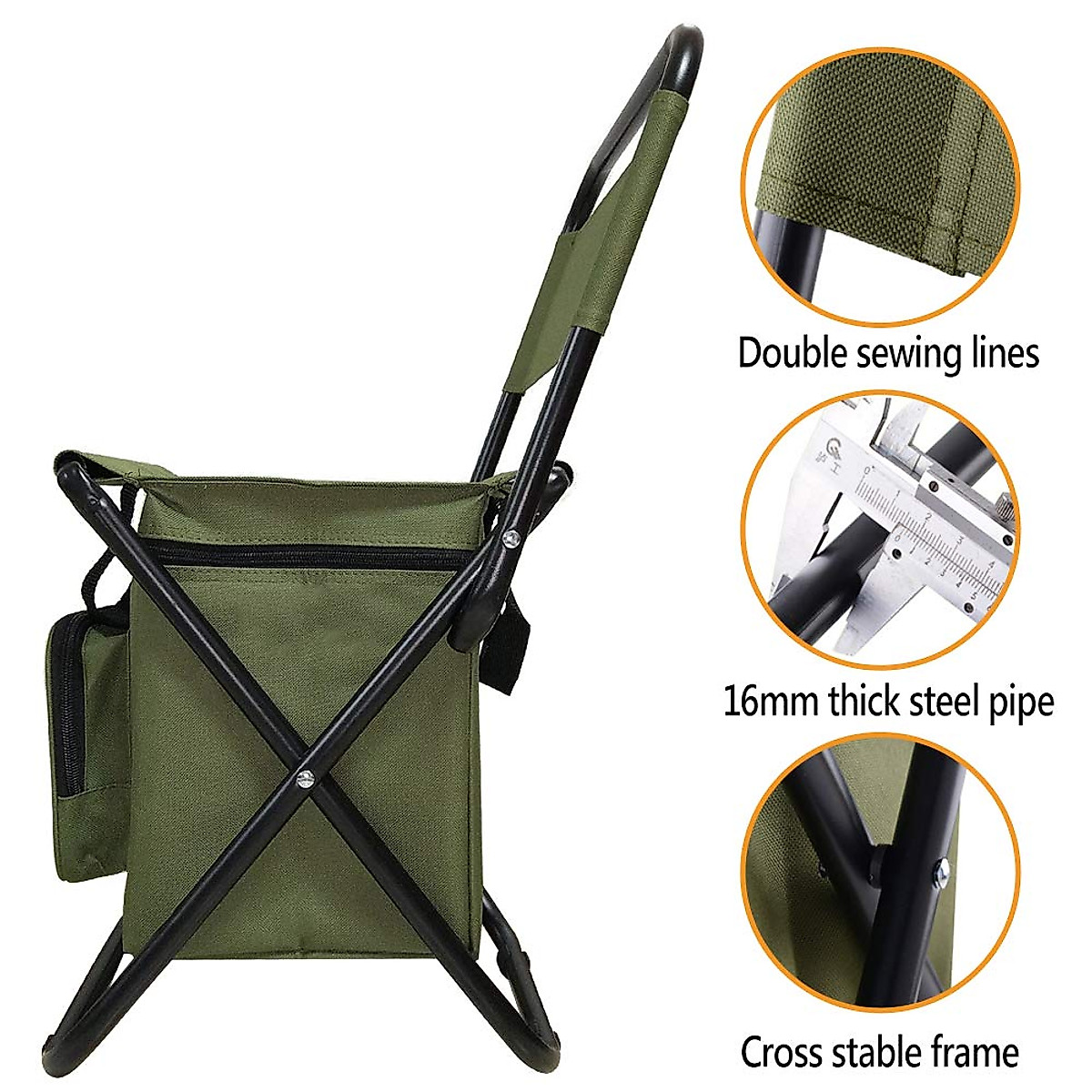 Kingmodern Portable Lightweight Camping Chair Outdoor Small Stool Folding Waterproof Oxford Fabric Backrest Chair Hold up 13 L Cooler Bags Suitable for Fishing,Hiking,Picnic,Travel BBQ(ArmyGreen)