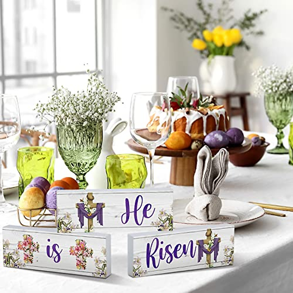 He is Risen Easter Decor Easter Wooden Cross Signs Floral Printed Easter Tiered Tray Signs Religious Tabletop Easter Decorations Spring Table Centerpieces for Home Office (Cross)
