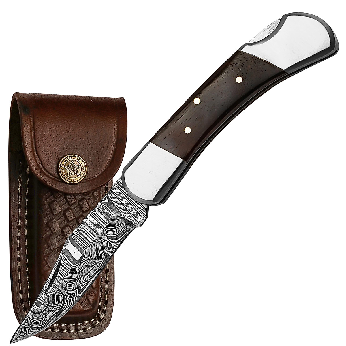 Handmade Damascus Pocket Knife for Men - 7 Inch Damascus Folding Knife with Sheath, Steel Bolster, Pocket Knives and Folding Knives with Back Lock, Pakkawood - Best for EDC, Camping and Hiking