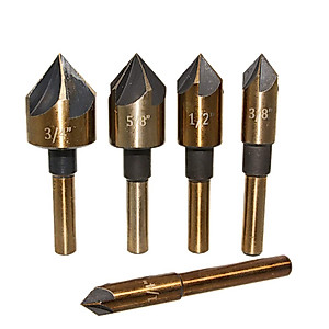 CALIDAKA 5 Pieces Countersink Drill Bit Set,High Speed Steel 82 Degree 5 Flute in Sizes 1/4, 3/8, 1/2, 5/8, 3/4 Inch Counter Sink Drill Bits with Carrying Case