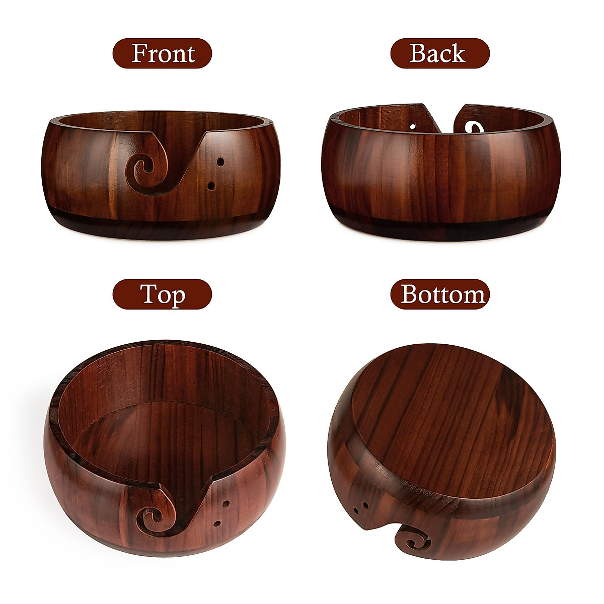 Wooden Yarn Bowl Holder, Craft Knitting Bowl with 8pcs Metal Crochet Hooks, 7.9''Large Yarn Holder Dispenser Yarn Storage Bowls, for Knitters & Crocheters (Brown 7.9 inch)