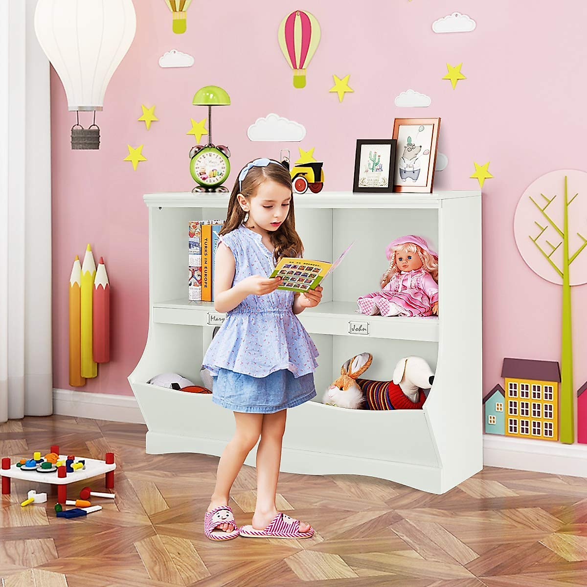 HOMGX Toy Storage Organizer, Open Kids Storage Cubby with 2 Shelves & 4 Bins, Multifunctional Toy Storage Cabinet for Nursery, Playroom(White)