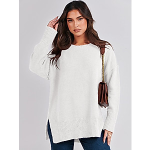 ANRABESS Women's 2024 Fall Oversized Long Sleeve Chunky Fuzzy Knit Casual Crewneck Warm Pullover Sweaters Top Trendy Outfits White