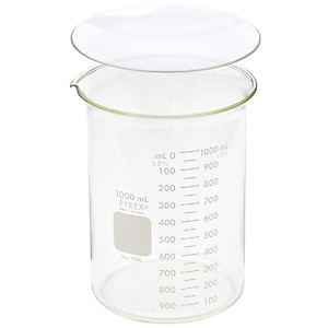 Corning Pyrex 1000-1L, 1000ml Glass Beaker with Corning Pyrex 9985-125, 125mm Watch Glass, Low Form Griffin, Double Scale (Single)