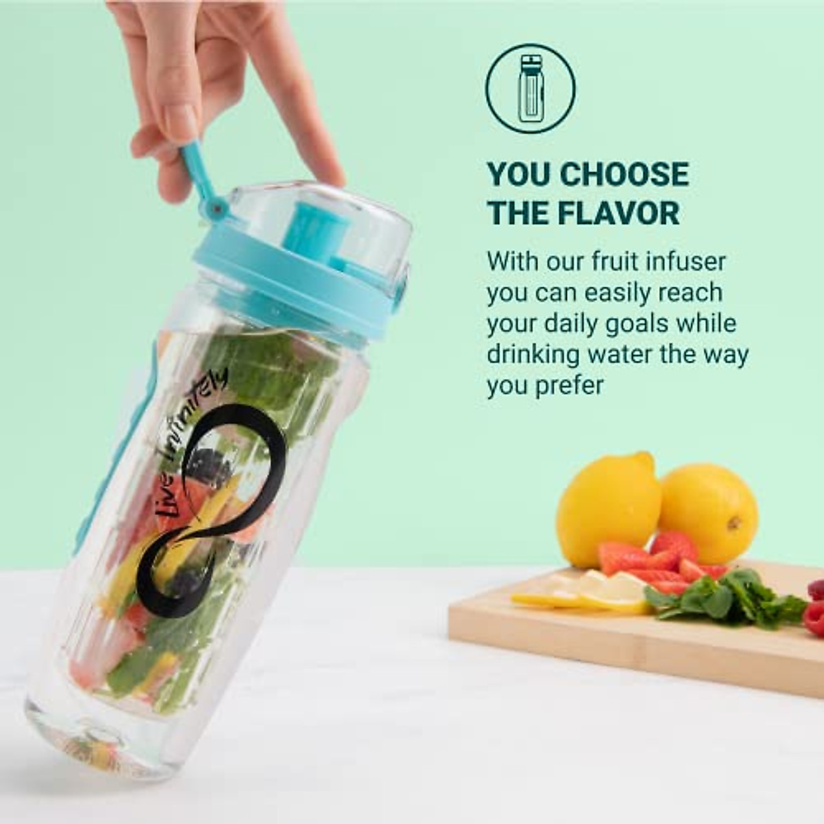 Live Infinitely 32 oz Fruit Infuser Water Bottle - Featuring a Full Length Infusion Rod, Flip Top Lid, Dual Hand Grips & Recipe Ebook Gift - Fruit Infused Water Bottles (Bright Teal, 32 oz)