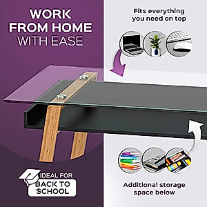bonVIVO Massimo Small Desk - 43 Inch, Modern Computer Desk for Small Spaces, Living Room, Office and Bedroom - Study Table w/Glass Top and Shelf Space - Black