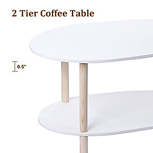 Oval Coffee Table, Small Wood Coffee Table for Living Room, Mid Century Modern Coffee Table for Home Office, 2-Tier Sofa Table, White, 15.7'' D x 31.5" W x 17.2" H