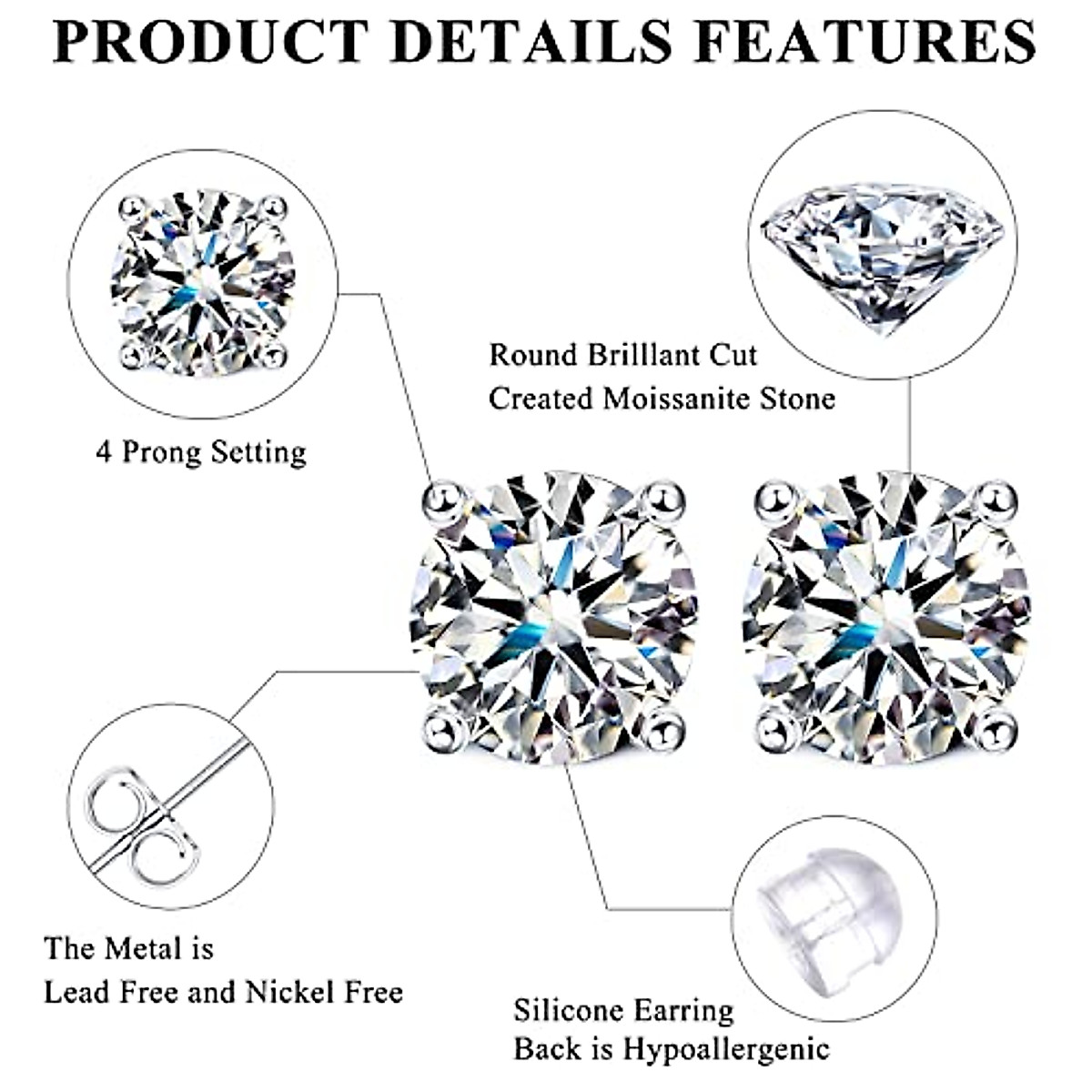 CASSIECA Moissanite Stud Earrings 0.6ct-4ct D Color VVS1 Clarity Brilliant Round Cut Lab Created Diamond Earrings 18K White Gold Plated 925 Sterling Silver Moissanite Earrings