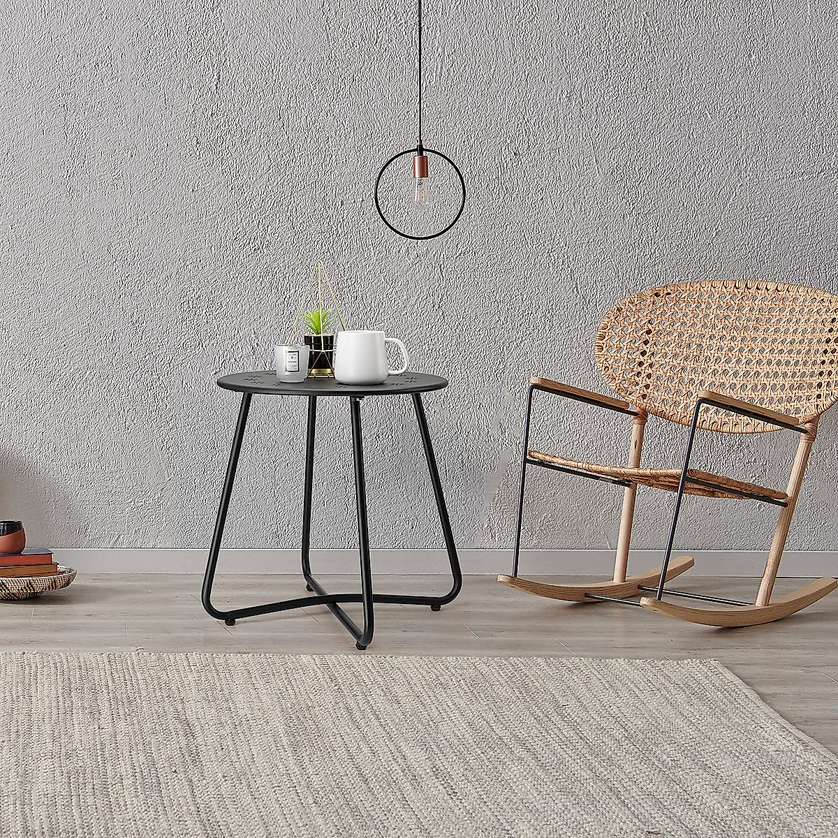 danpinera Outdoor Side Tables with Flower Cut Outs, Weather Resistant Steel Patio Side Table, Small Round Outdoor End Table Metal Side Table for Patio Yard Balcony Garden Black