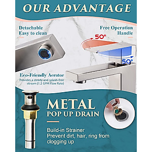 KUZOR Bathroom Faucets Single Hole, Brushed Nickel Bathroom Sink Faucet One Hole 1 Handle, 304 Stainless Steel Modern Faucet for Bathroom Sink Square