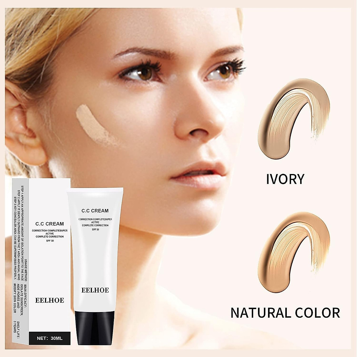 NOISSUE Perebella Cc Cream Skin Tone Adjusting CC Cream SPF 50, Cosmetics CC Cream, Colour Correcting Self Adjusting Soft Moisturizing Skin Tone Gel Invisible Pore Light Oil-Free