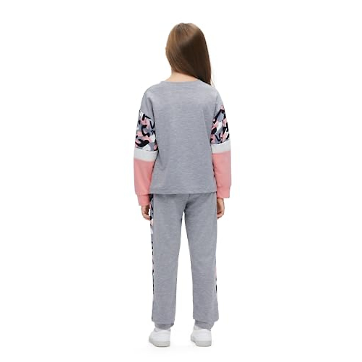 PATPAT Girls Outfits Grey Pink Crew Neck Leopard Color Block Sweatshirt and Sweatpant Girls Outfits Size 7/8