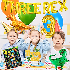 Three Rex Birthday Party Decorations Boy, Dinosaur 3rd Birthday Party Decorations Supplies,3 Rex Birthday Party with 3 Rex Birthday Backdrop Dinosaur Balloons Kit for 3rd Birthday Decorations for Boys