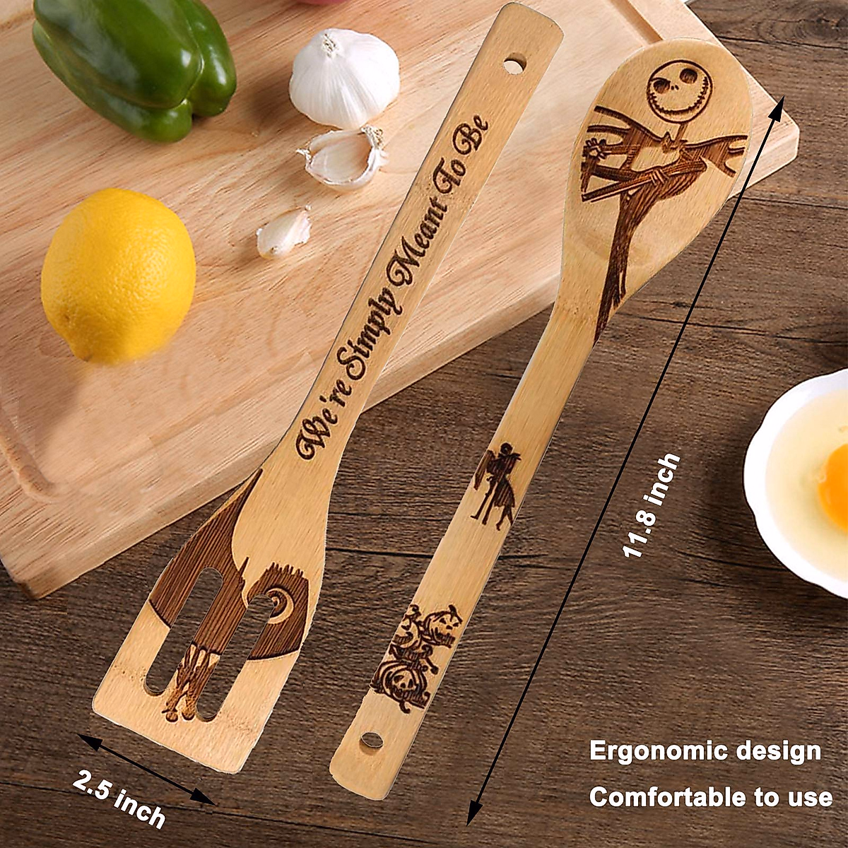 Jack Skellington Wooden Spoons for Cooking Utensils Set - Magic Pattern Burned Wooden Spatulas Kitchen Utensil Set for Kitchen Decor,Nightmare Before Christmas GiftS for Fans and Friends