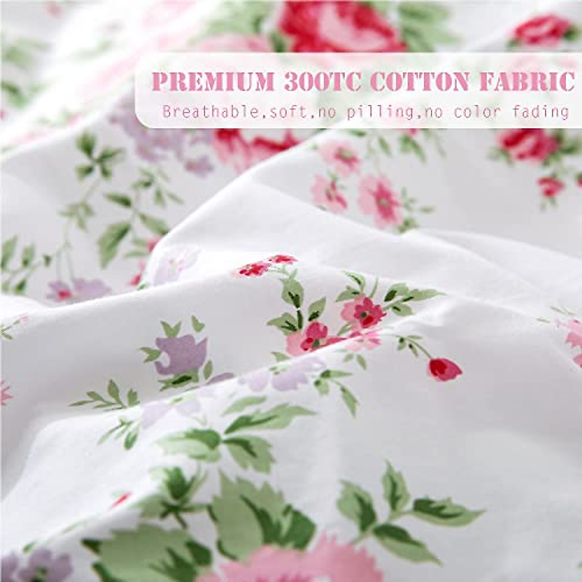 ZJZC Art Ruffle Duvet Cover Set Queen, 100% Cotton Pink Rose Floral Duvet Cover Cottage French Countryside Vintage Shabby and Chic 3 Pieces with Pillow Shams (Rose, Queen)
