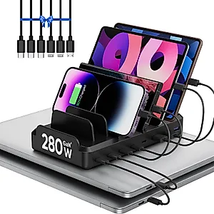 280W USB C Charging Station for Multiple Devices, 8 Port Multi Device Fast Charging Station for MacBook iPhone 15 Phone iPad Tablets Black (6 Mixed Short Cables Included)