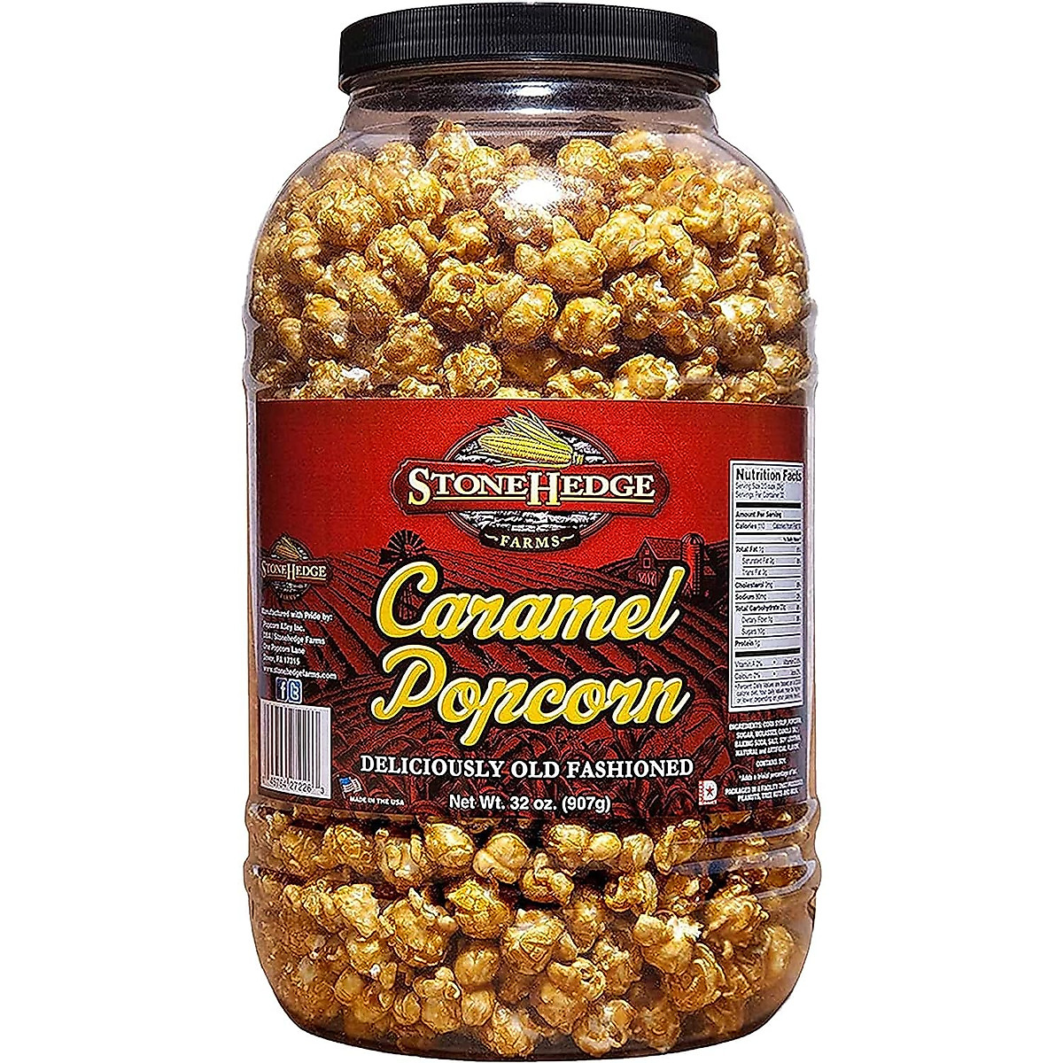 Stonehedge Farms Caramel Flavored Popcorn - 32 oz Large Tub - Bulk Gourmet Deliciously Old Fashioned Popped Sweet Snacks - Made in the USA