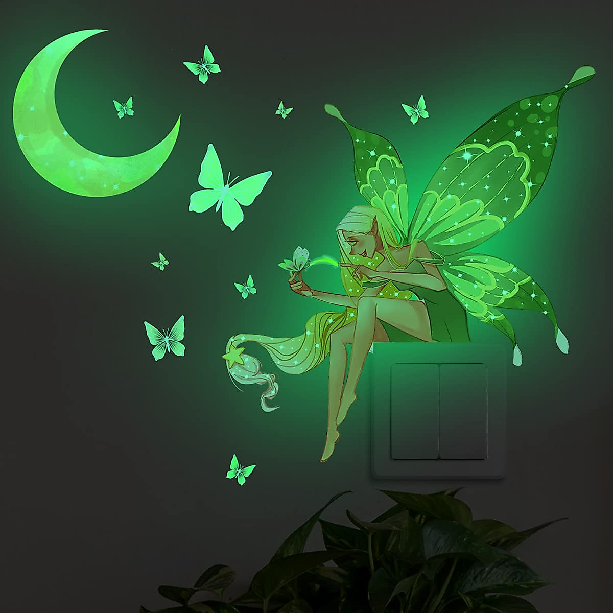 Glow in The Dark Butterfly Fairy Wall Sticker Luminous Moon Butterflys Wall Decals Cartoon Flower Fairy Princess Wall Stickers for Girls Bedroom Nursery Living Room Classroom Ceiling Decor Kids Gift