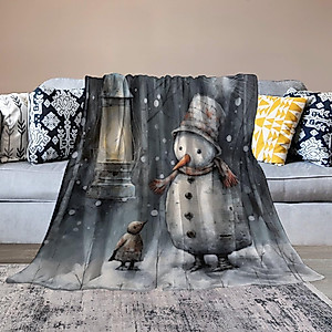 Blanket Snowman, Bird and Lantern Plush Throw Fleece Blanket Happy Winter Holiday Soft Cozy Microfiber Throw Blanket for Couch Sofa Bed for Adults Kids Boys Teens Gift Christmas 60"x80"