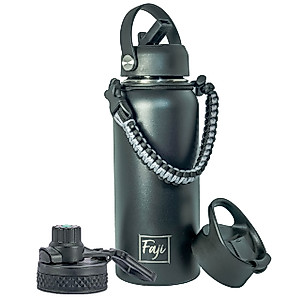 Faji 32oz Powder Coated Double Wall Vacuum Insulated Sports Water Bottle,Stainless Steel Wide Mouth Thermos Flask with Paracord Handle, Straw, Swing, & Spout Lid, Leak Proof, BPA Free (Mystery)