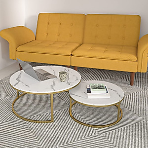 Modern Nesting Coffee Table, Marble Look Sofa Side Nest of Tables Round End Tables, Set of 2, Golden Color Frame with Wood Top- 32”& 24” Table Set