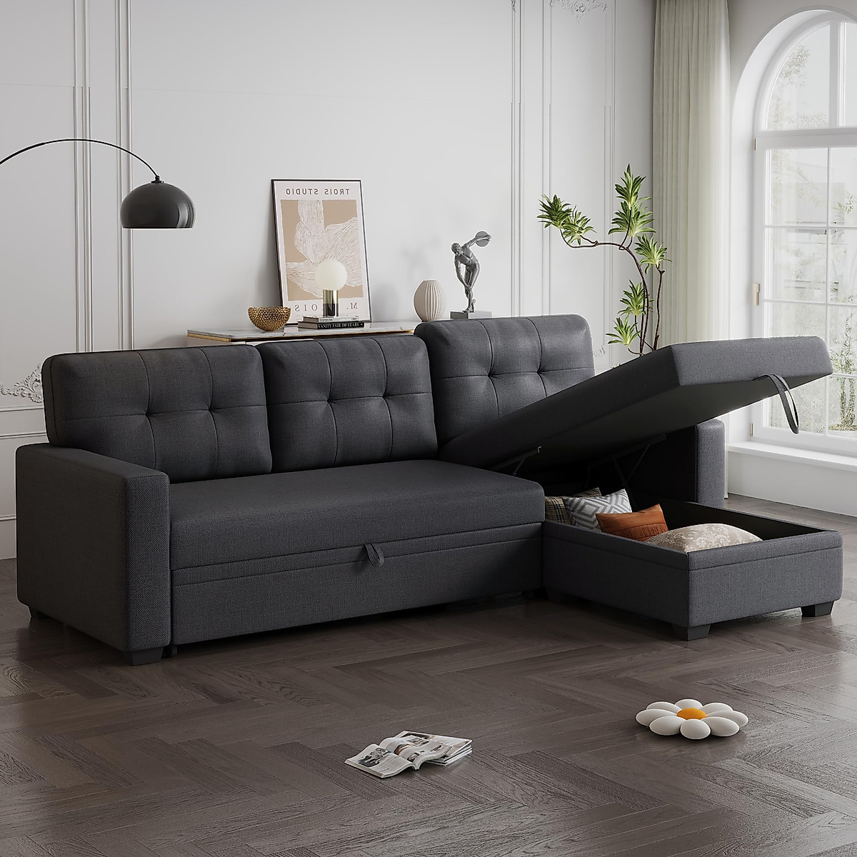 Jintop 82" L-Shape Convertible Sleeper Sectional Sofa with Storage Chaise and Pull-Out Bed,Upholstered Reversible Corner 3 Seater Couch with Button Tufted Backrest & Armrest,for Living Room,Dark Gray